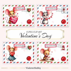 Valentine's Day Mouse Clipart | 8 JPEG Postcard Illustrations | Cute ...