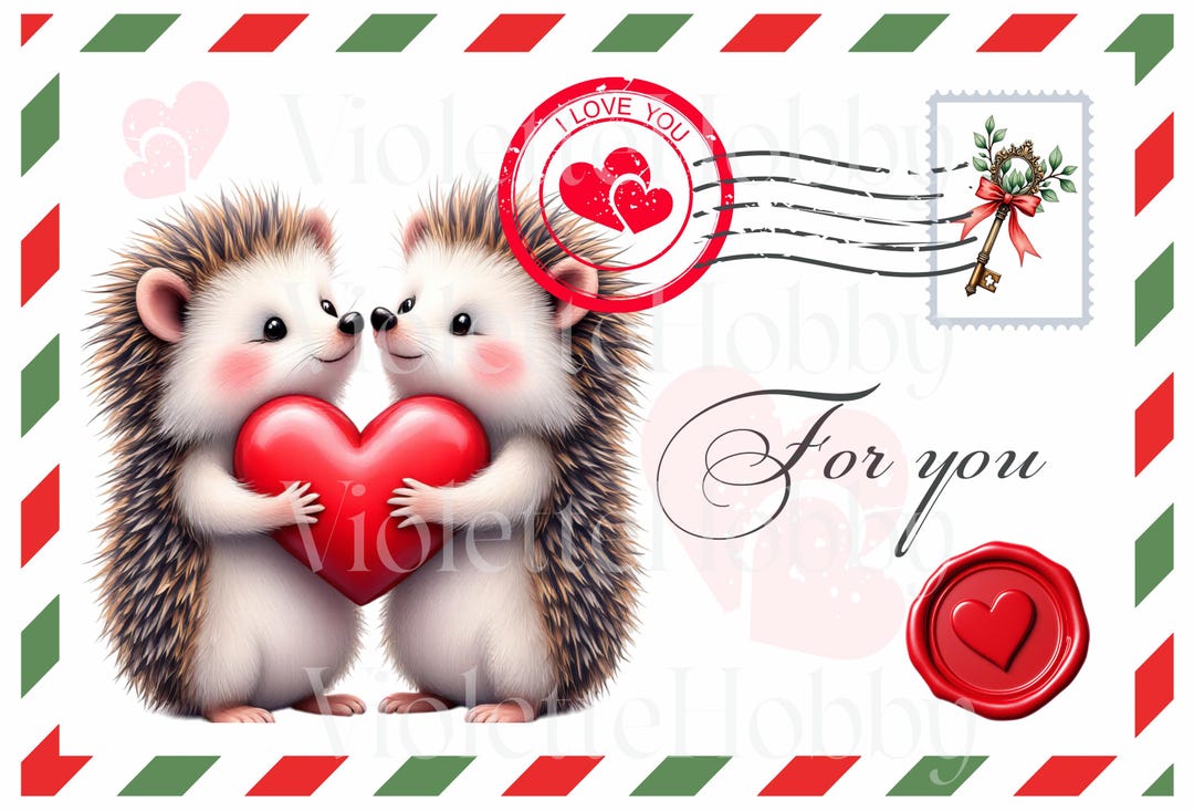 Valentine's Day Hedgehog Postcard Clipart 8 JPEG Designs Cute Animal ...