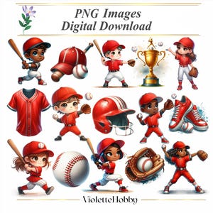 Baseball Player Clipart: Red Uniform, Sports Illustration (15 PNG ...