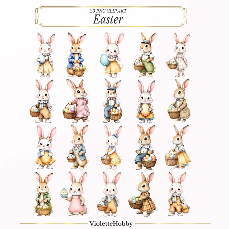 20 PNG Easter Clipart | Vintage Bunnies With Baskets | Cute Rabbit ...