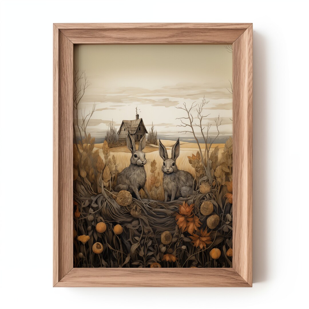 Vintage Rabbit Print Rabbit Nest Painting Farmhouse Wall Decor Antique ...