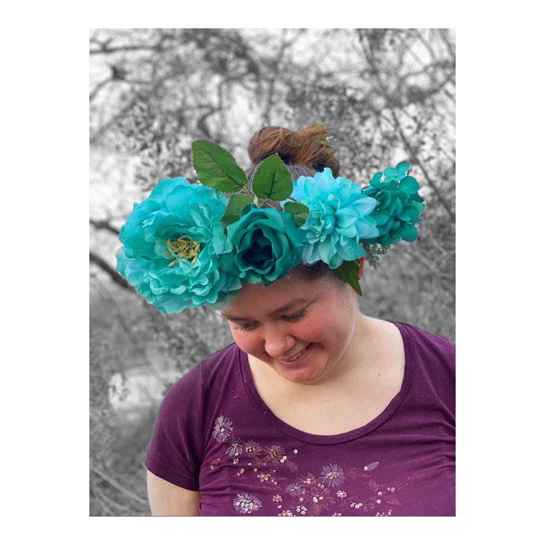 Teal Floral Head Wreath, Teal Flower Crown, Teal Floral Crown, Teal ...
