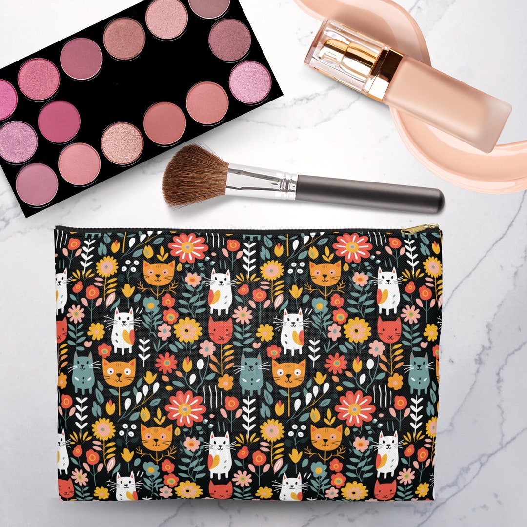 Floral Cat Zipper Pouch, Cat Pattern Zipper Makeup Bag, Cat Zipper ...