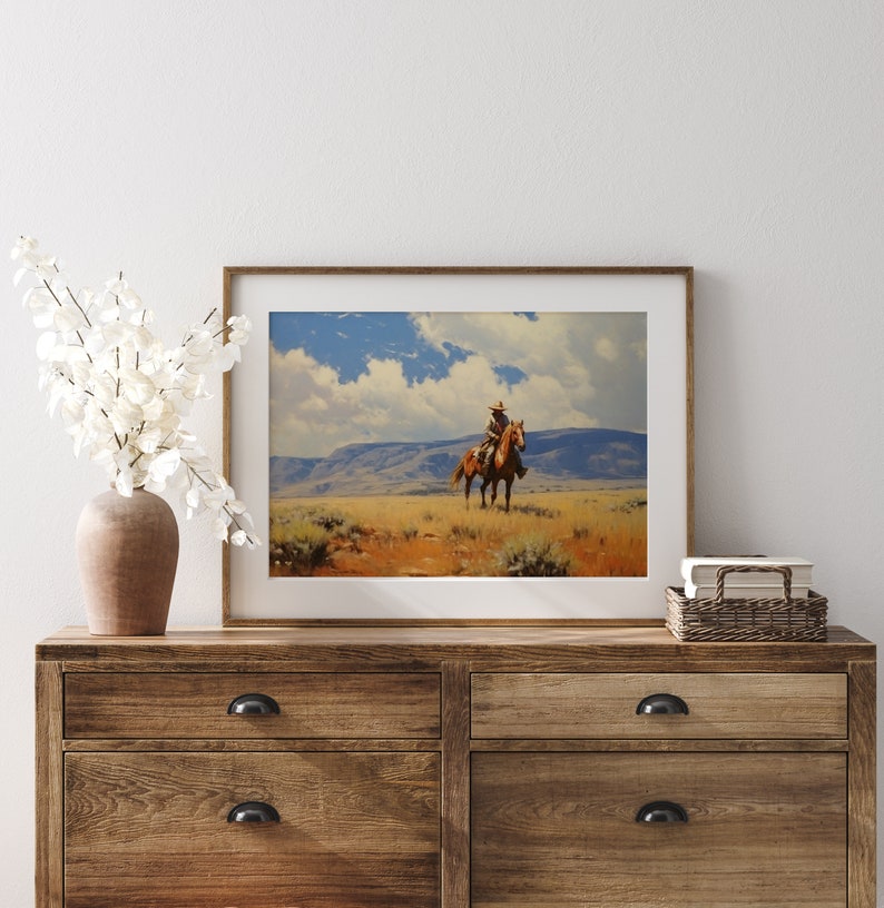 Cowboy in Western Landscape Vintage Painting | Country Decor Digital ...