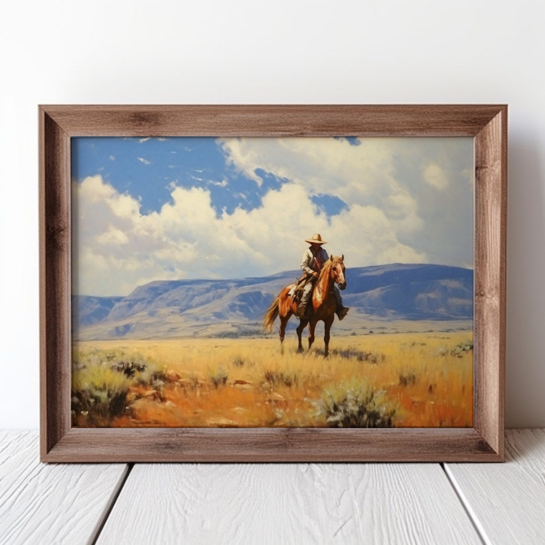 Cowboy in Western Landscape Vintage Painting | Country Decor Digital ...