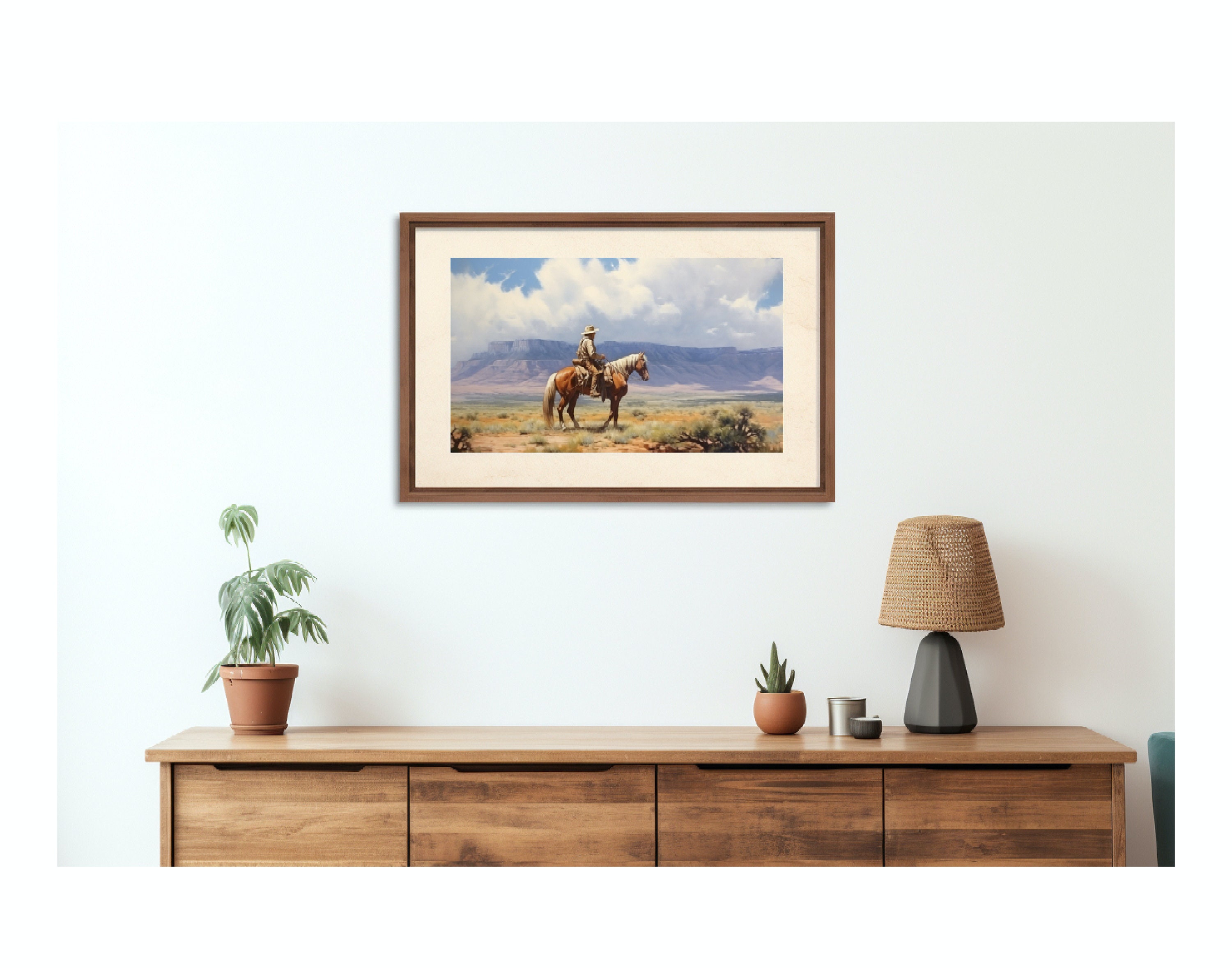 Cowboy on Horseback in Western Landscape Vintage Painting | Country ...