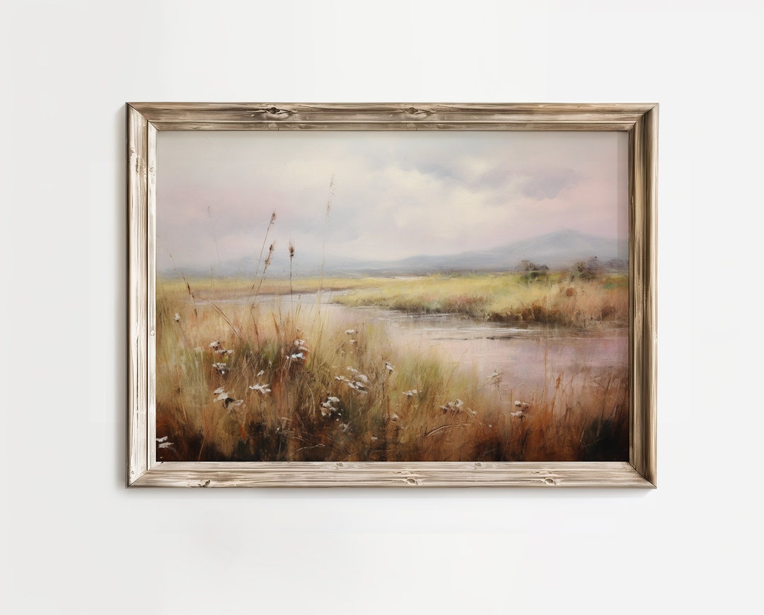 Western Farm River Landscape Vintage Painting | Country Decor Digital ...