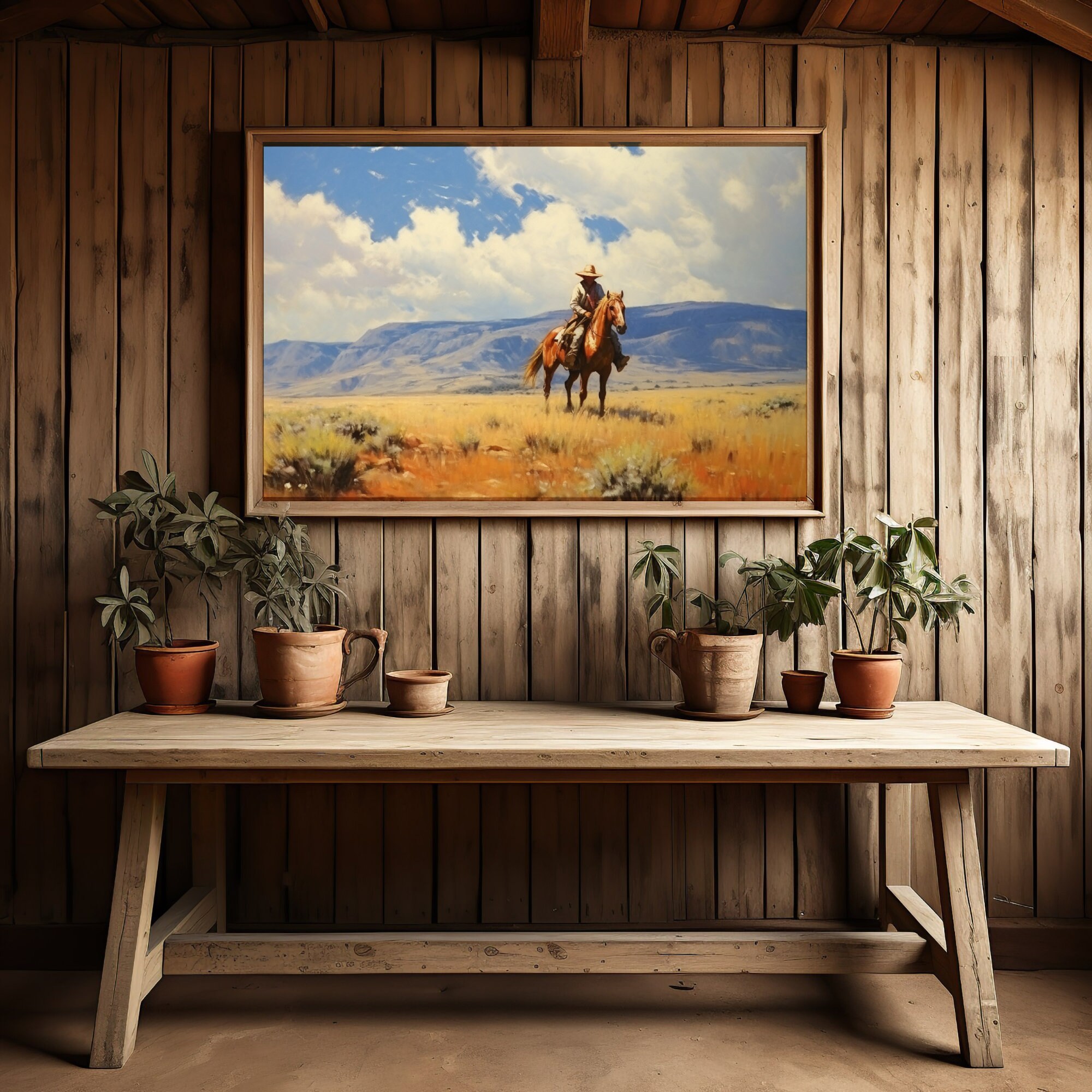 Cowboy in Western Landscape Vintage Painting | Country Decor Digital ...