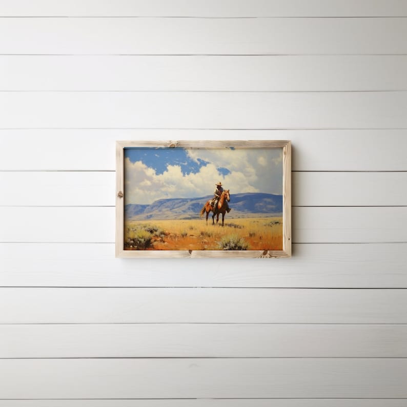 Cowboy in Western Landscape Vintage Painting | Country Decor Digital ...