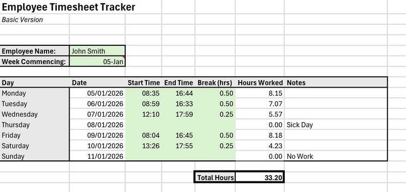 Basic Timesheet Tracker Excel Template | Weekly Work Hours Log ...