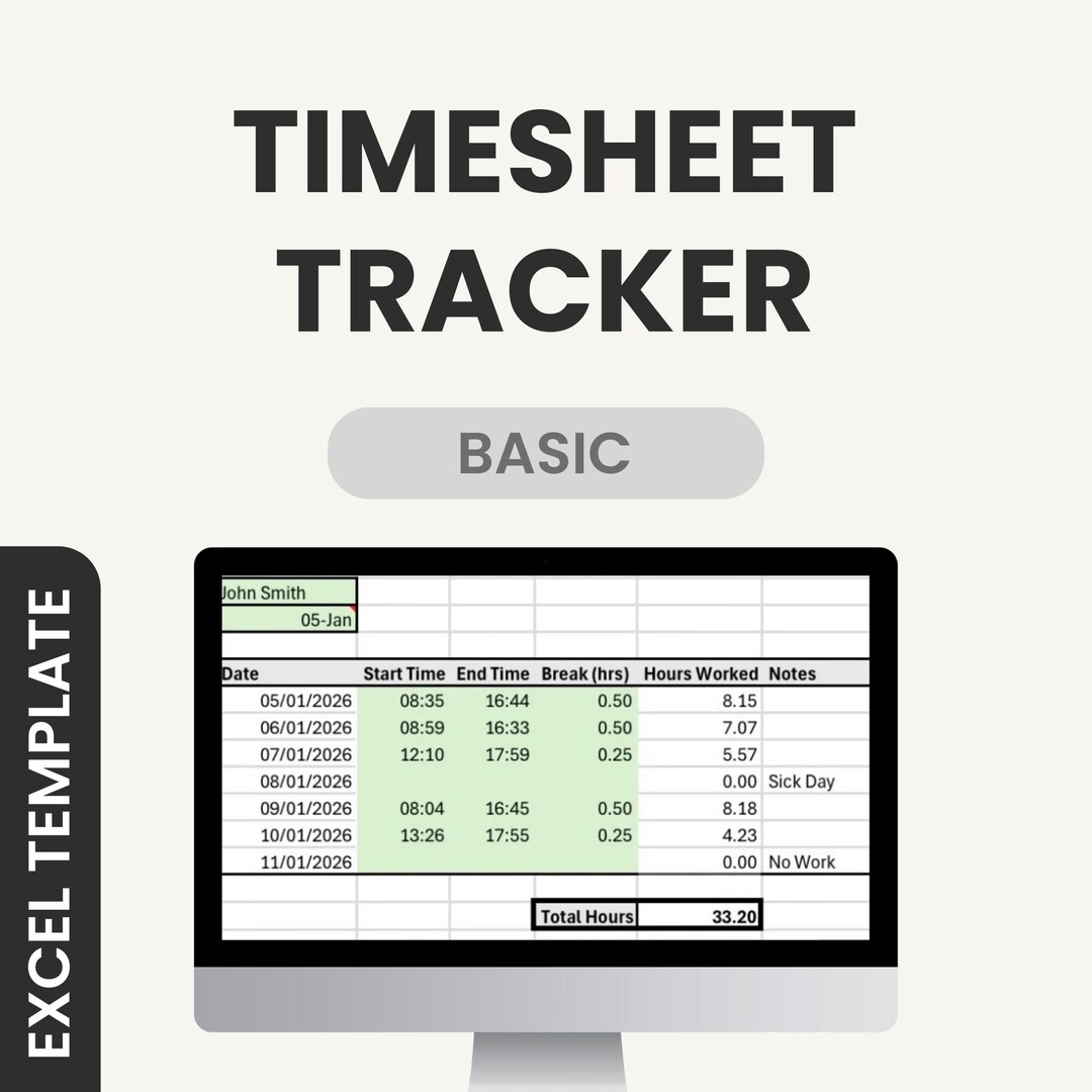 Basic Timesheet Tracker Excel Template | Weekly Work Hours Log ...