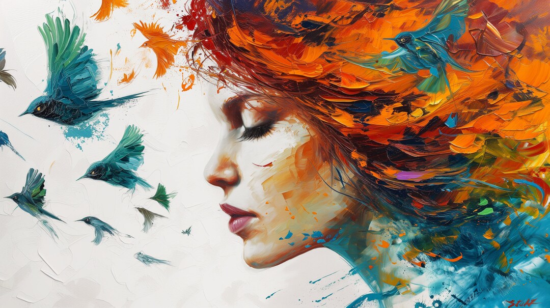 Serene Expressions: Women and Birds in Vibrant Artistry - 147cm X 82cm ...