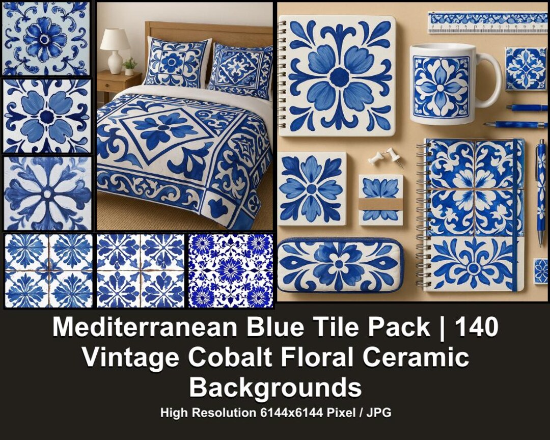 Mediterranean Blue Tile Pack | 140 Vintage Cobalt Floral Ceramic ...