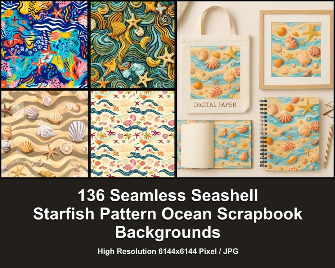 136 Summer Beach Vibes Digital Paper | Seamless Seashell & Starfish ...