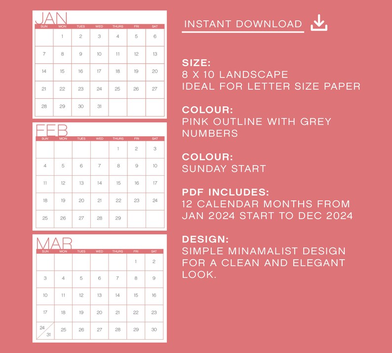 PINK 2024 Calendar 2024 Monthly Planner Landscape Elegant Monthly ...