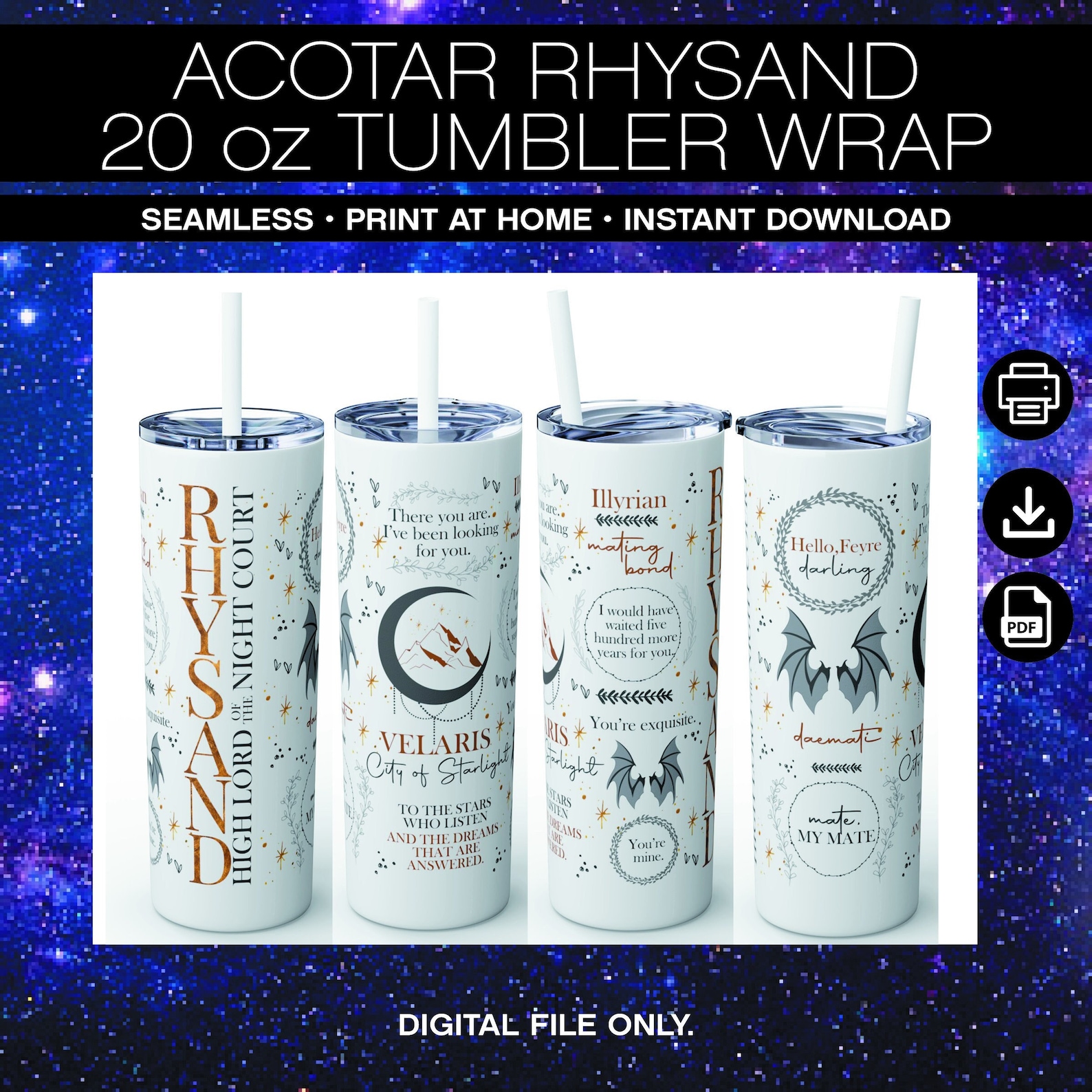 ACOTAR Rhysand Tumbler 20oz Seamless Wrap, Velaris City of Starlight ...