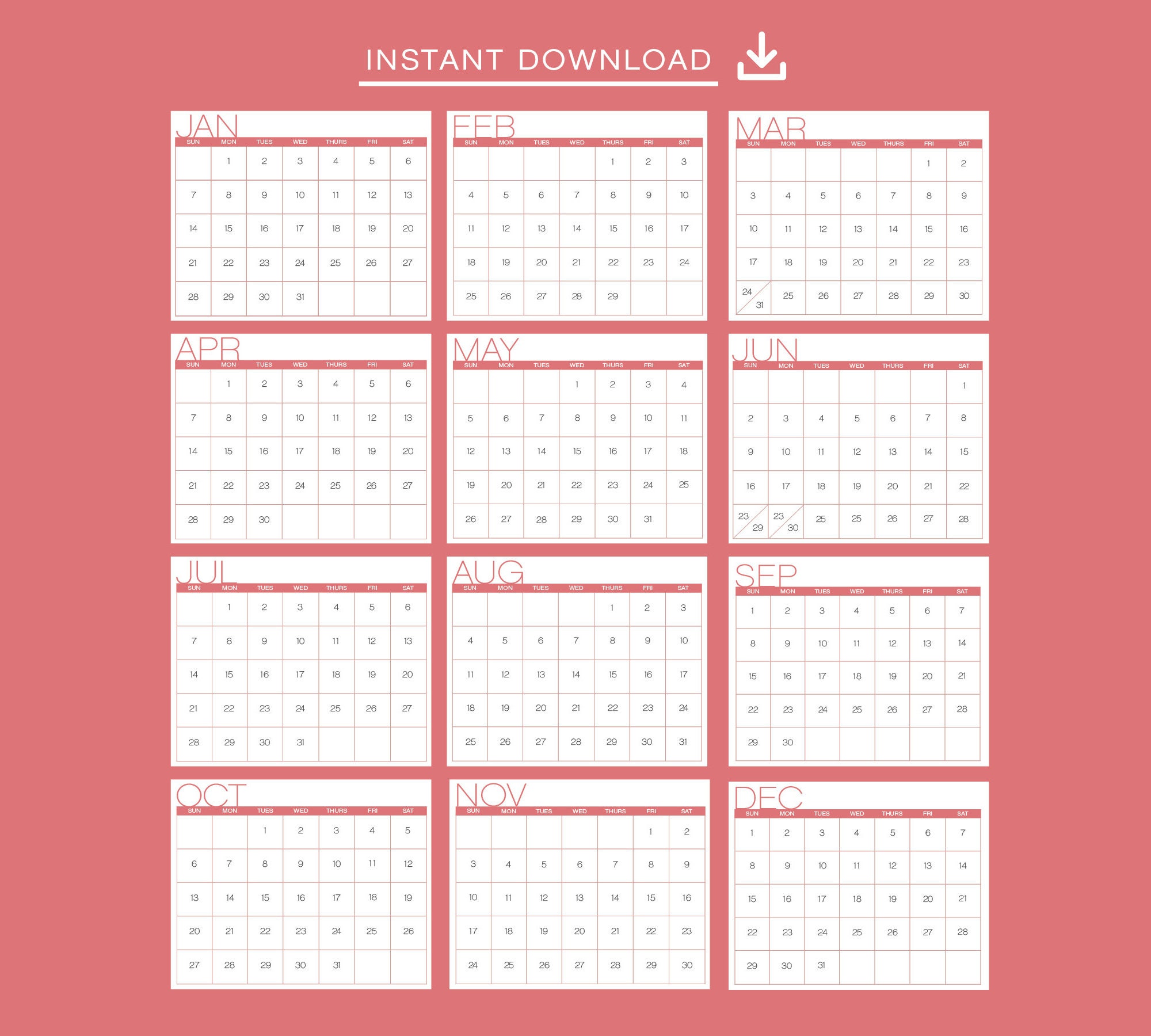 PINK 2024 Calendar 2024 Monthly Planner Landscape Elegant Monthly ...