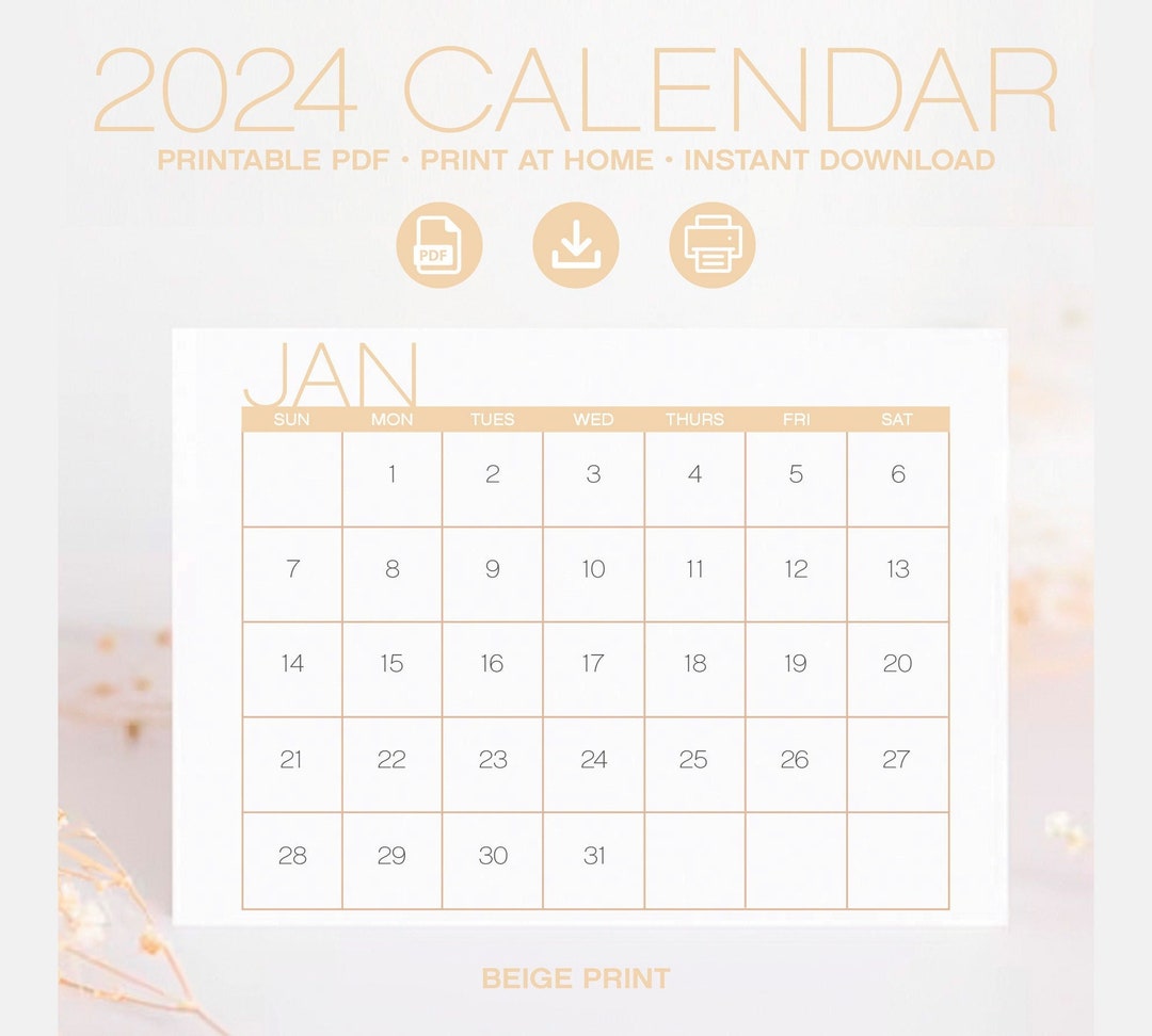 BEIGE 2024 Calendar 2024 Monthly Planner Landscape Elegant Monthly ...