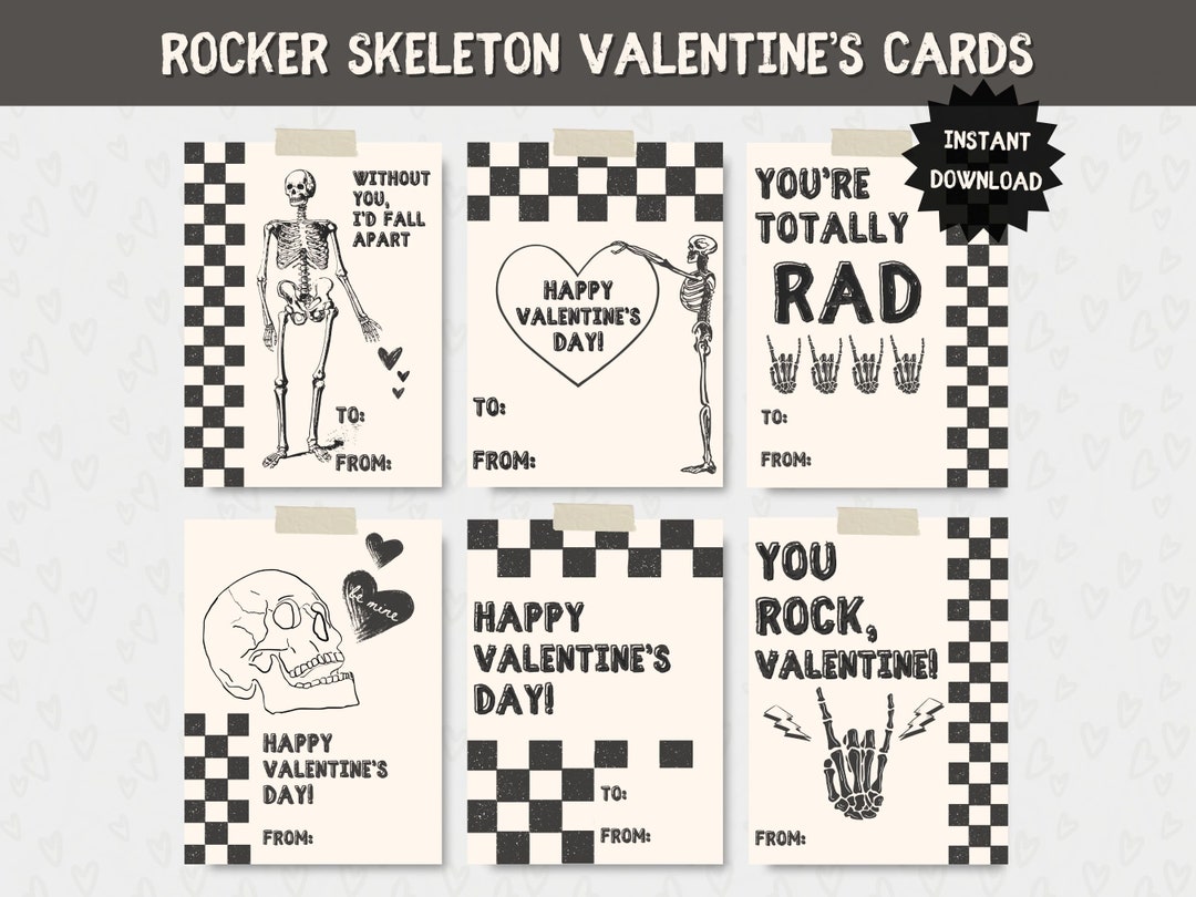 Printable Rocker Skeleton Valentine's Cards, Skull Valentine's, Punk ...