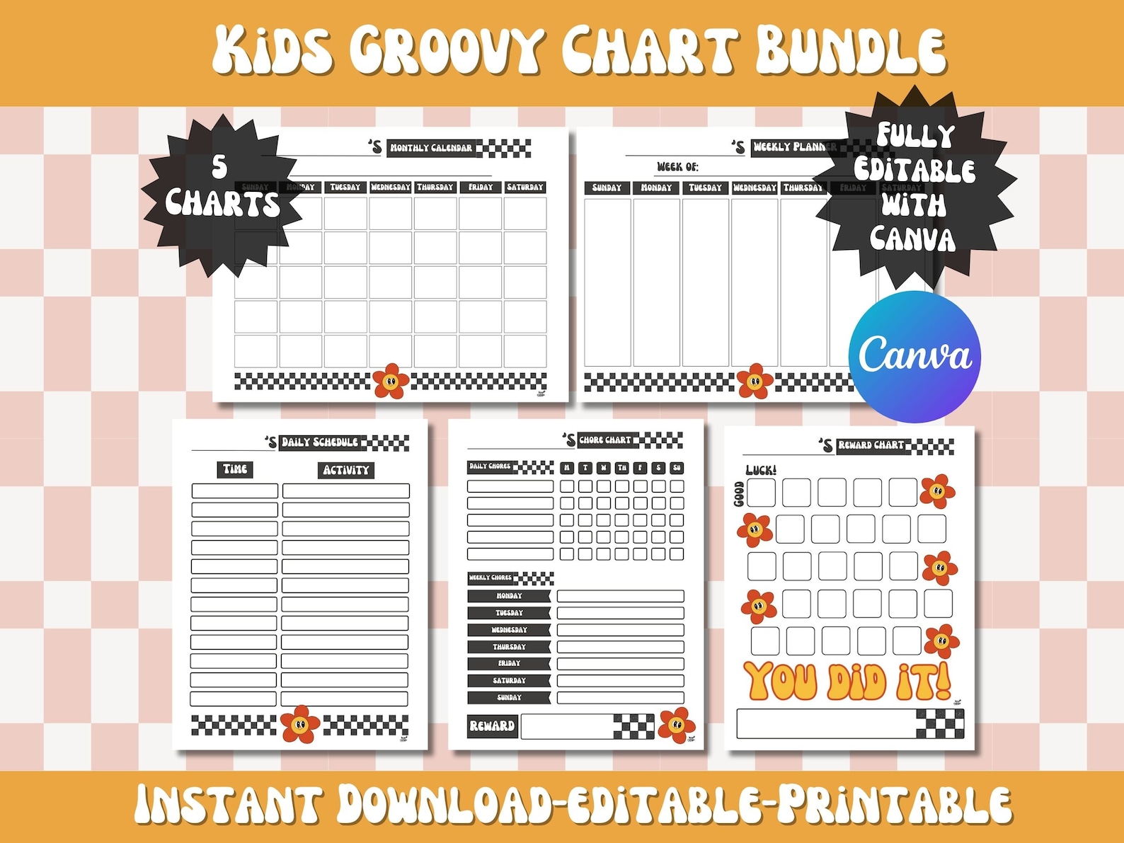 Kids Editable Groovy Chart Bundle, Printable Routine Charts, Summer ...