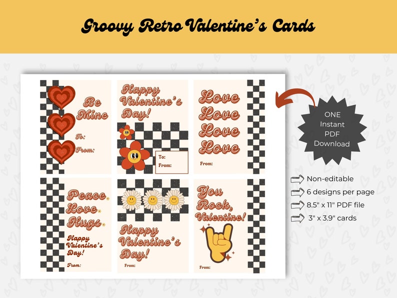 Groovy Retro Valentine's Cards Printable, Printable Valentine's Cards ...