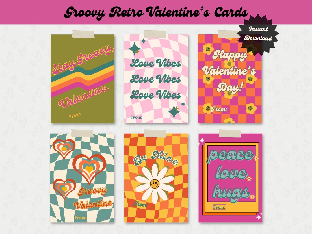 Groovy Retro Valentine's Cards Printable, Printable Valentine's Cards ...