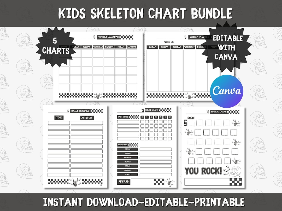 Kids Editable Skeleton Chart Bundle, Printable Routine Charts, Summer ...