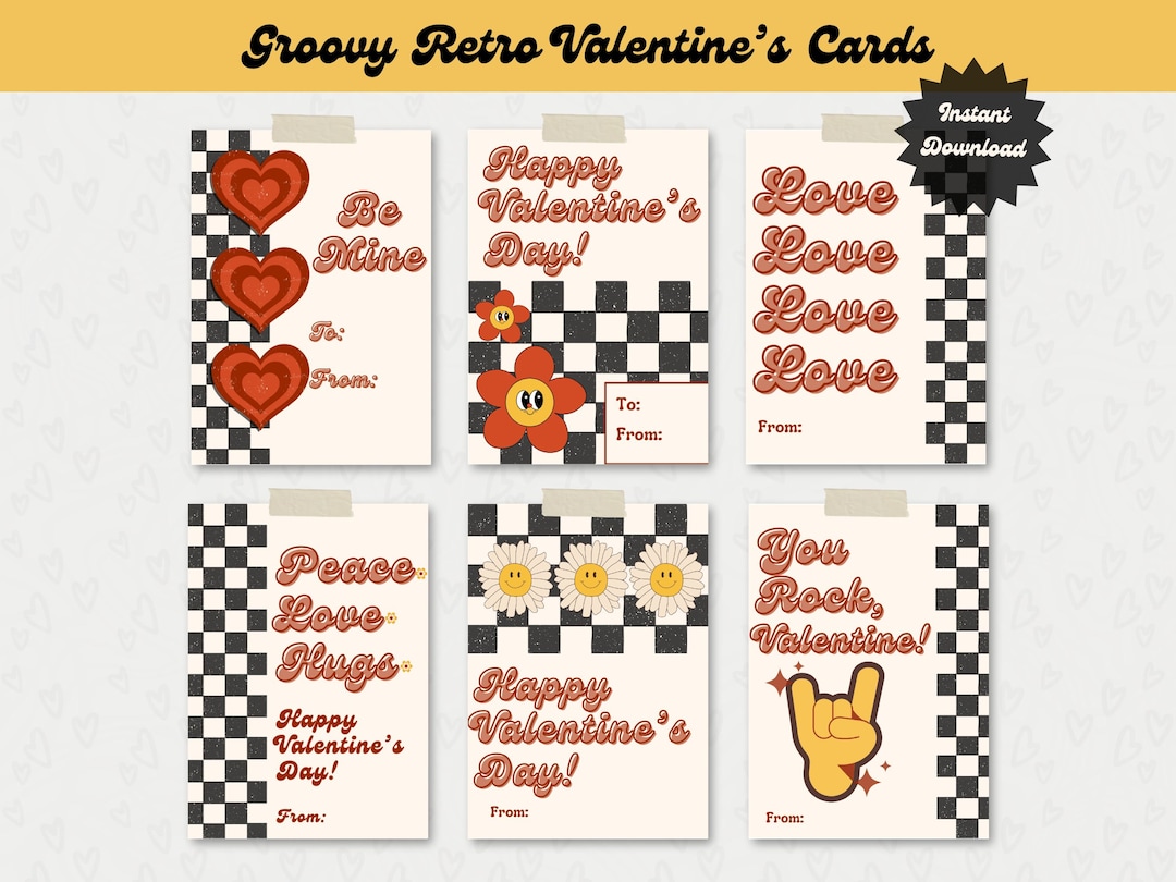 Groovy Retro Valentine's Cards Printable, Printable Valentine's Cards ...