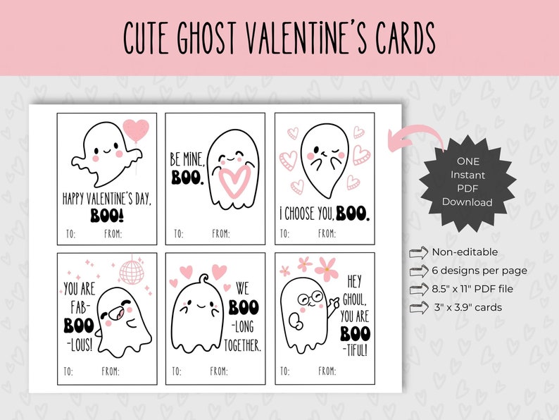 Printable Cute Ghost Valentine's Cards, Boo Valentine's Cards ...