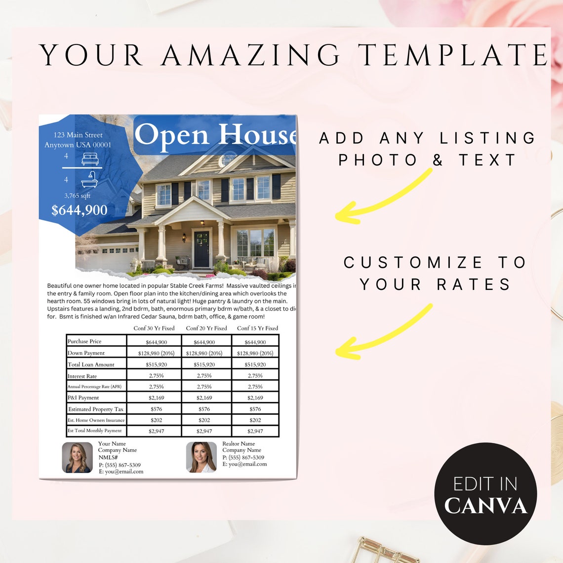 Open House Rate Flyer Template, Mortgage Lender Realtor, Editable in ...