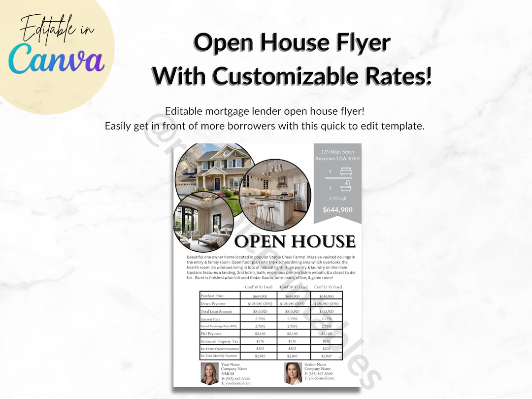 Open House Rate Flyer, Realtor Mortgage Lender, Editable in Canva ...