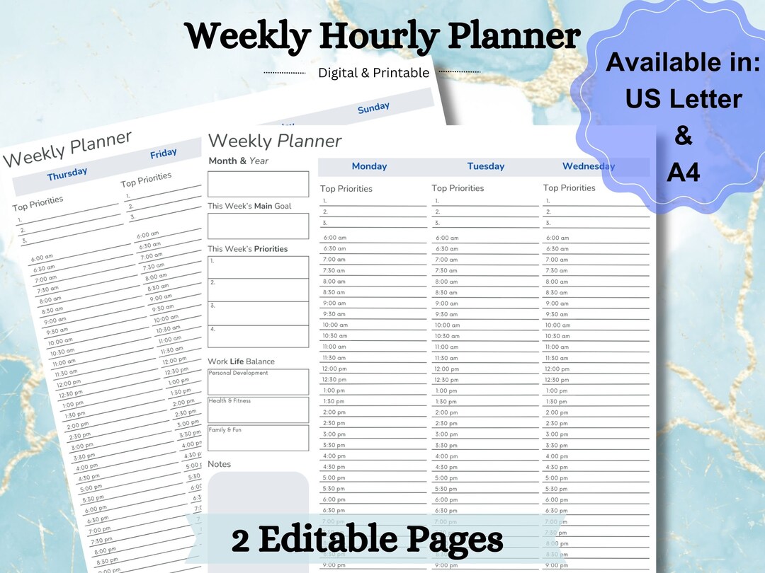 Weekly Hourly Planner Printable, Hourly Planner, Weekly Schedule ...