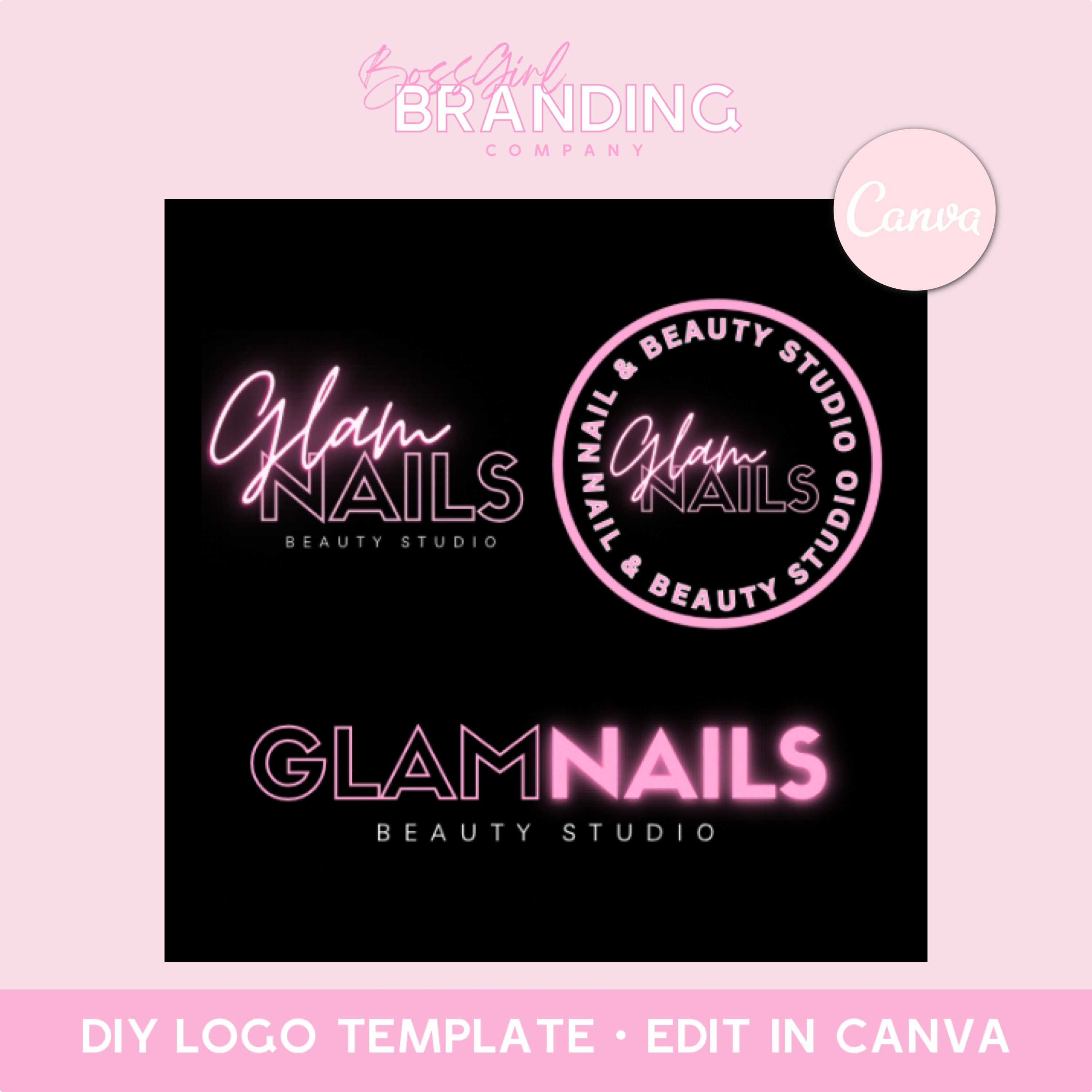 Pink Beauty Logo, DIY Pink Logo Set, Neon Pink, Hair Branding, Lash ...