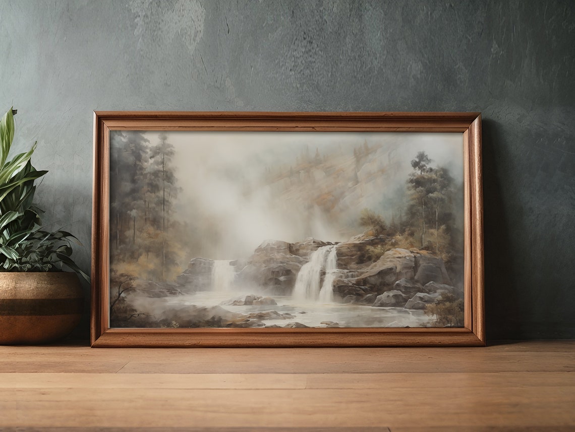 Mountain Waterfall Painting, PRINTABLE Waterfall Wall Art, Neutral ...