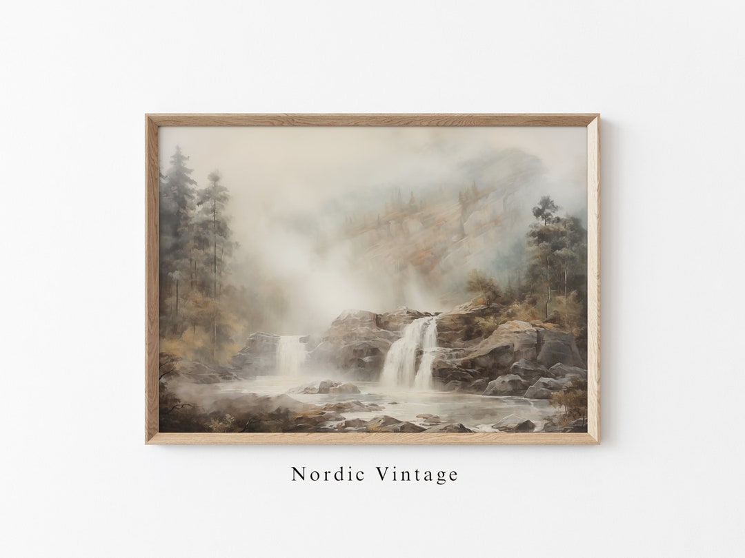 Mountain Waterfall Painting, PRINTABLE Waterfall Wall Art, Neutral ...