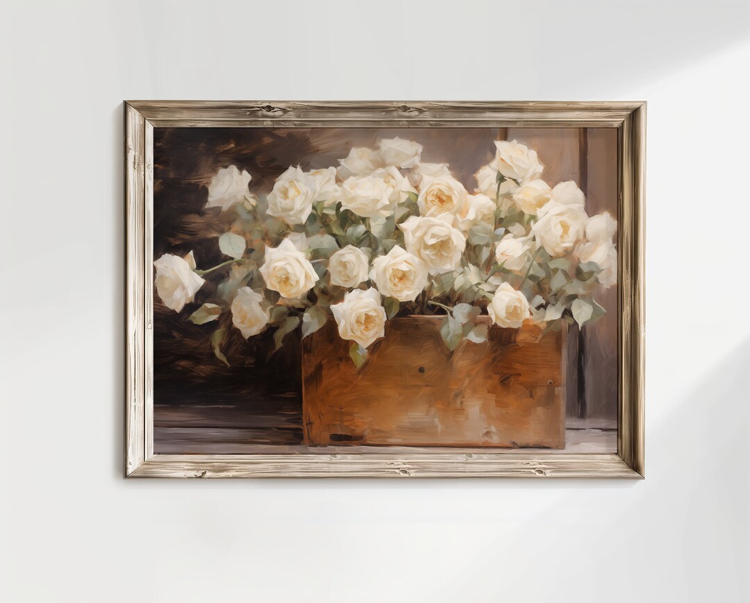 White Roses Art Print, Roses in Wooden Box, Vintage Rose Painting ...