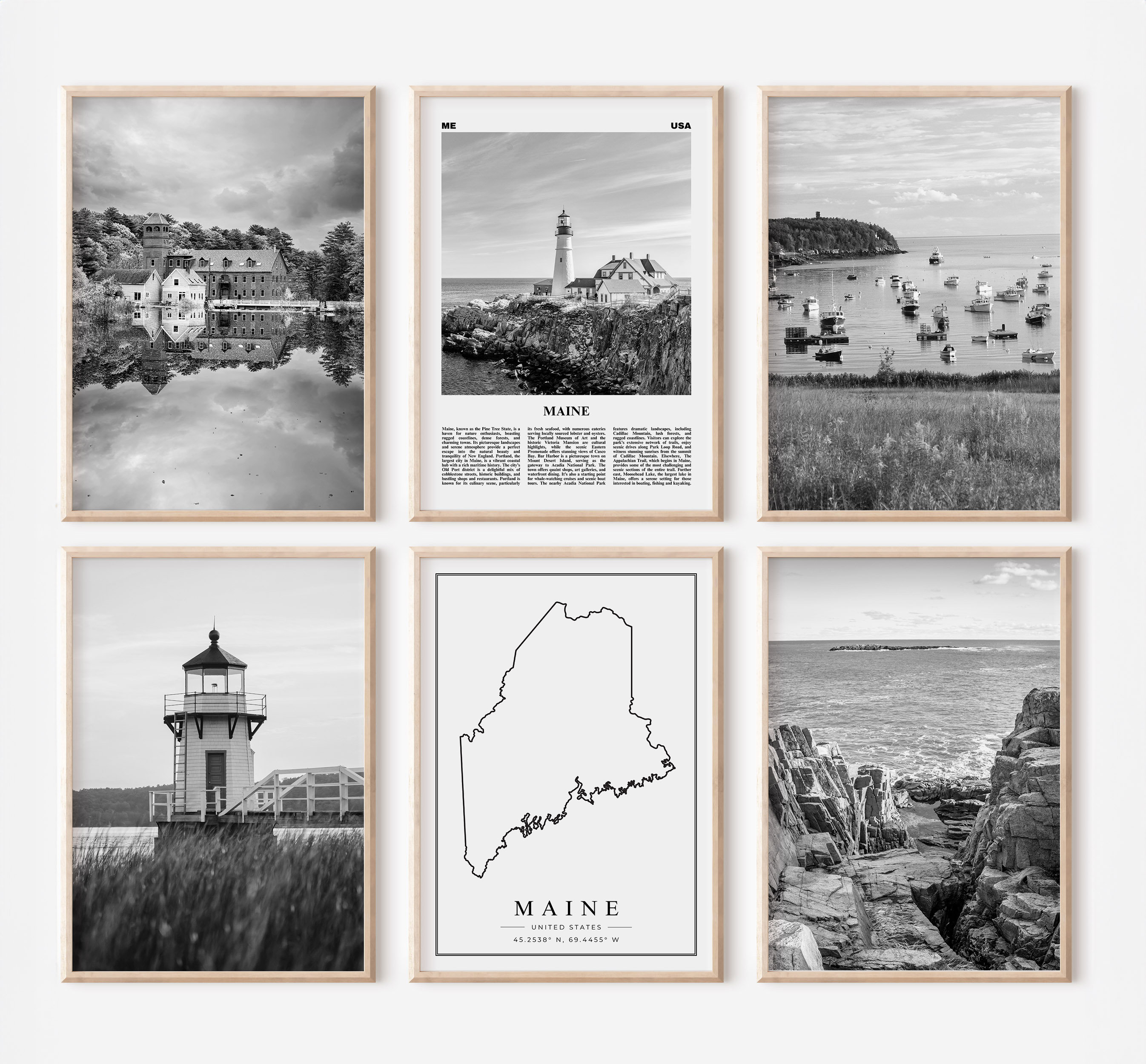 Maine State Prints Set of 6 | Black and White Photos Posters | Travel ...