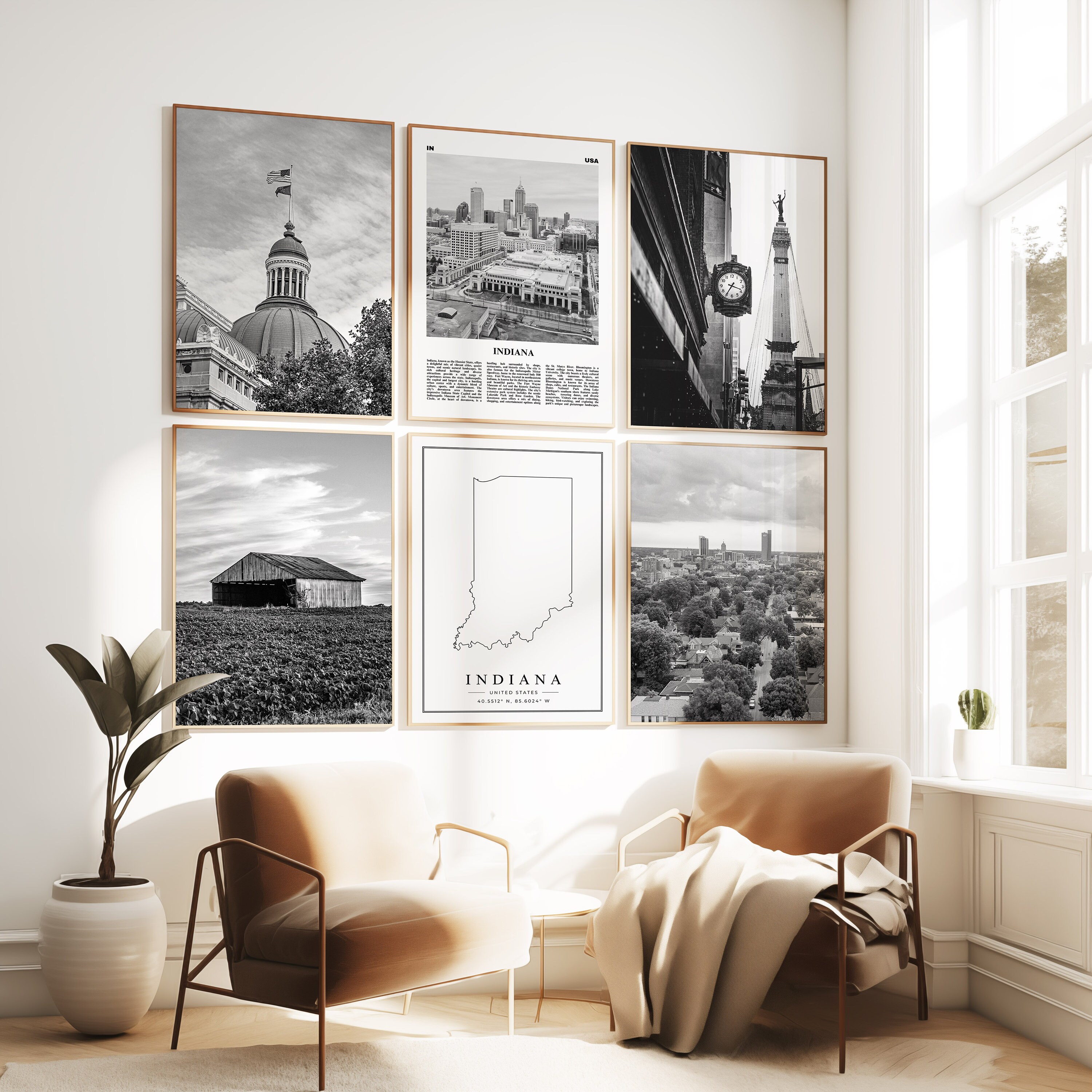 Indiana State Prints Set of 6 | Black and White Photos Posters | Travel ...