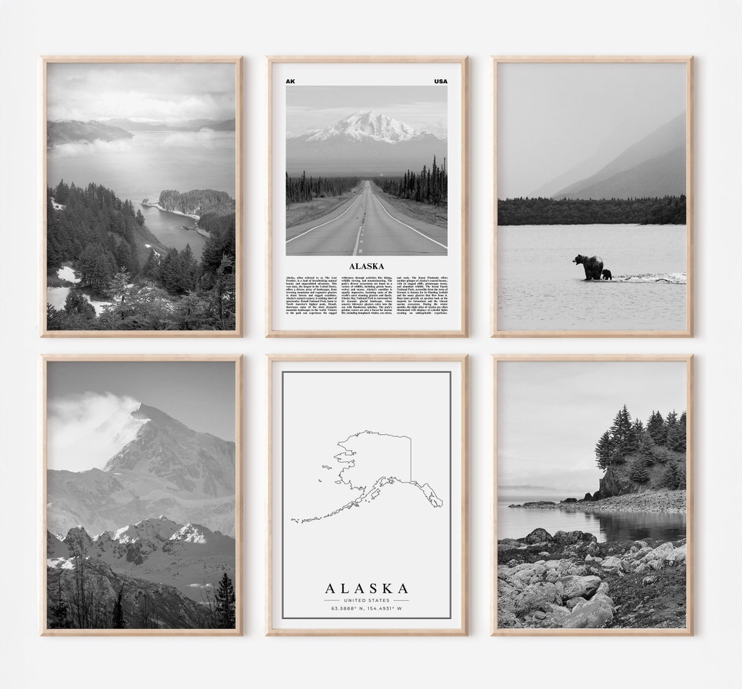 Alaska State Prints Set of 6 | Black and White Photos Posters | Travel ...
