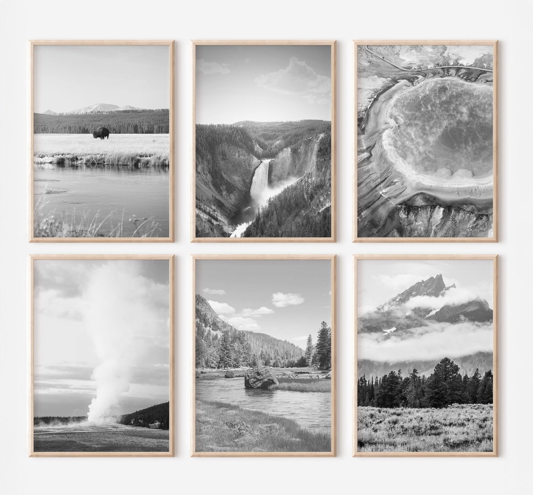 Yellowstone National Park Prints Set of 6 | Black and White Photos ...