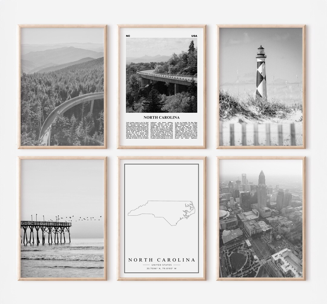 North Carolina State Prints Set of 6 | Black and White Photos Posters ...