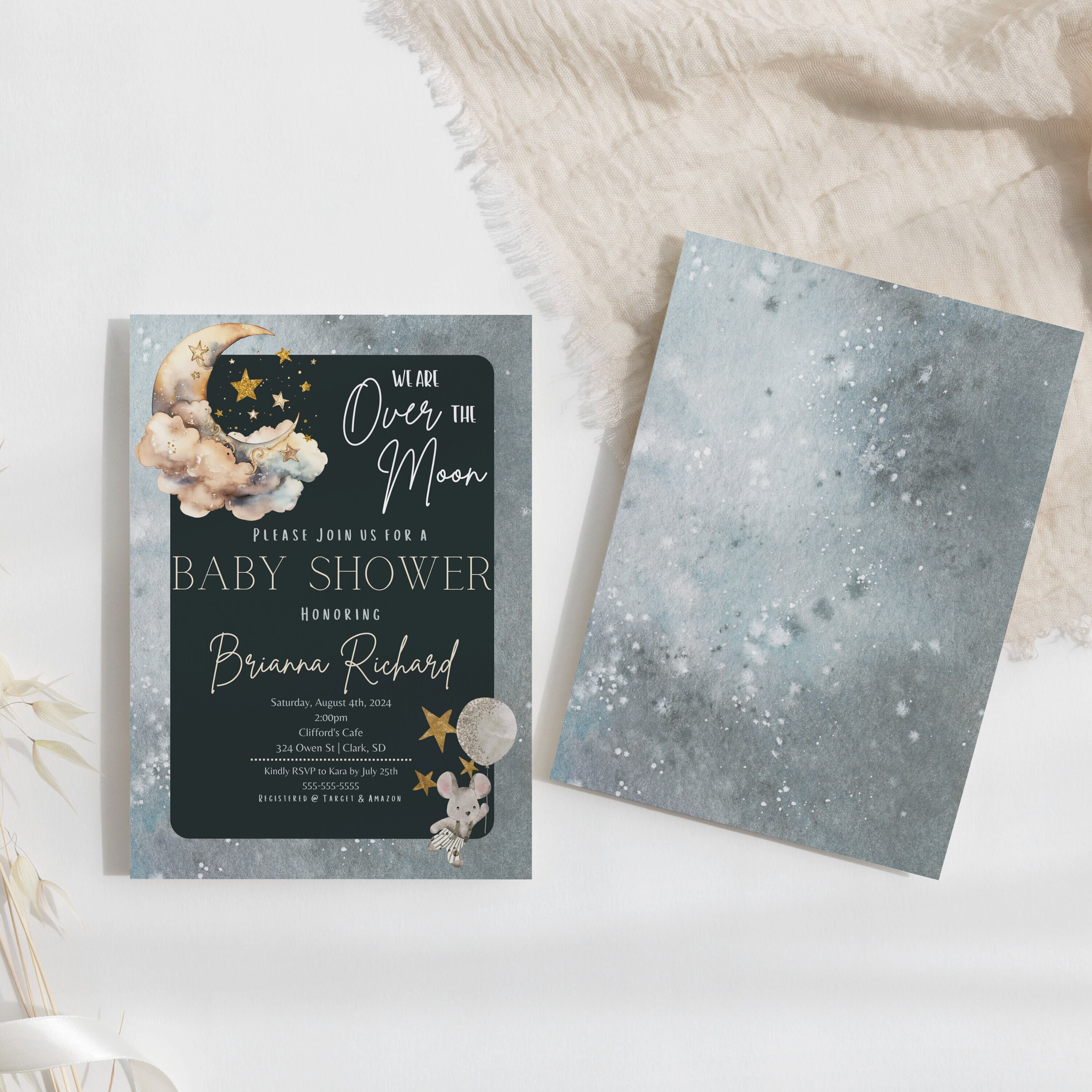 Over the Moon Baby Shower Invitations Custom Physical Printed Cards or ...