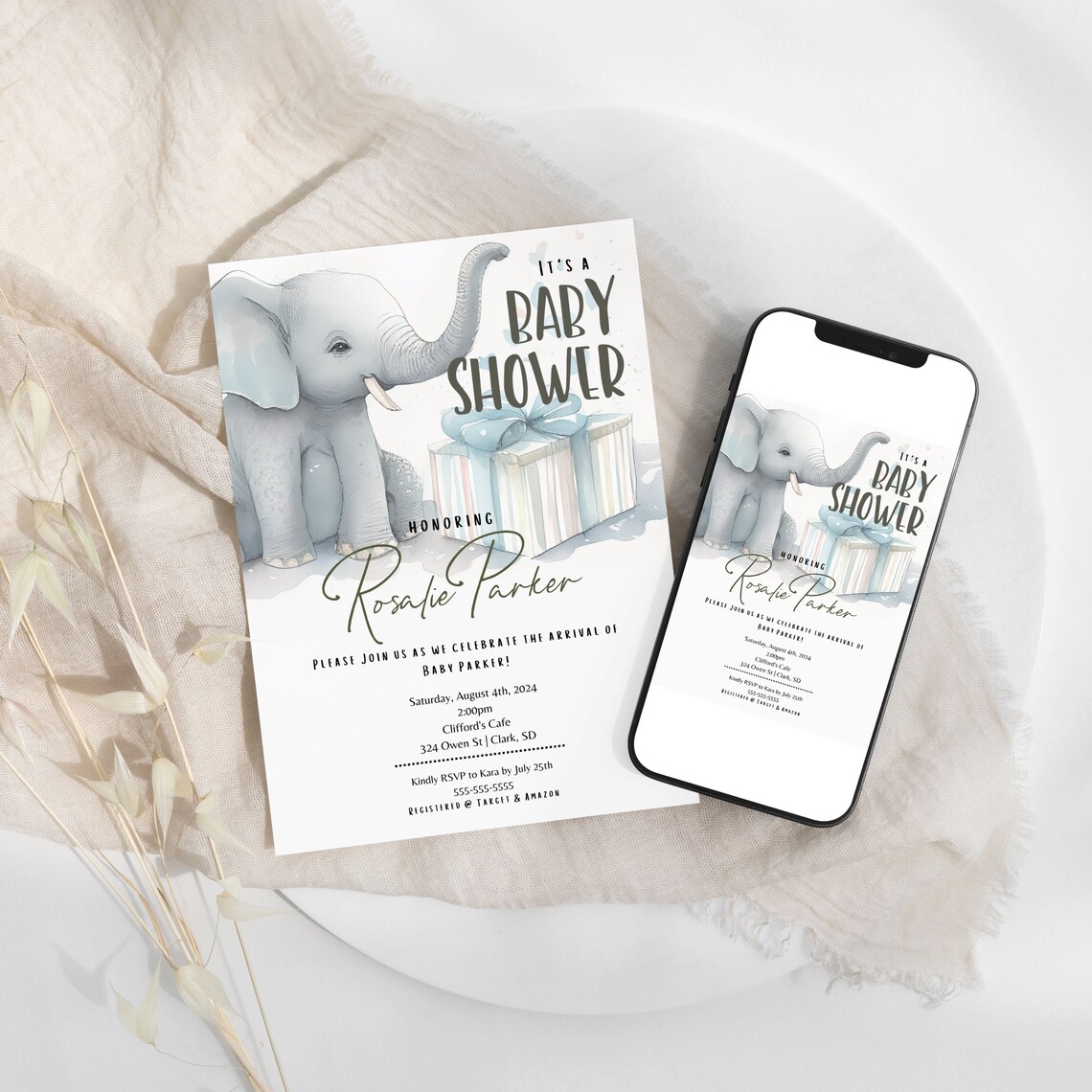 Elephant Baby Shower Invitation Digital Download or Custom Physical ...