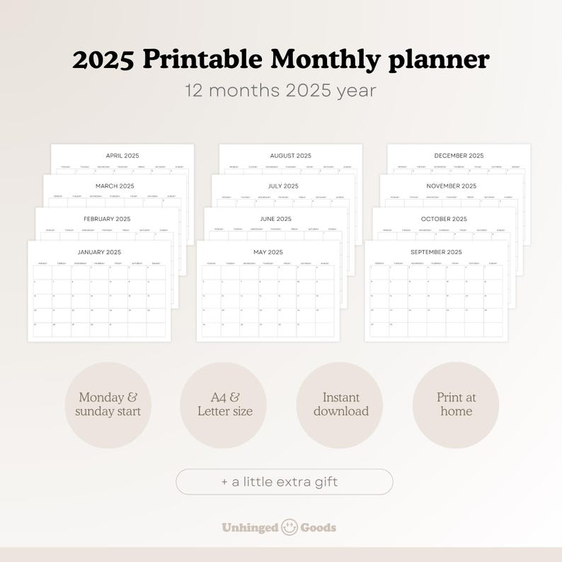 Printable Calendar 2025 | Monthly Planner, A4 & Letter Format ...