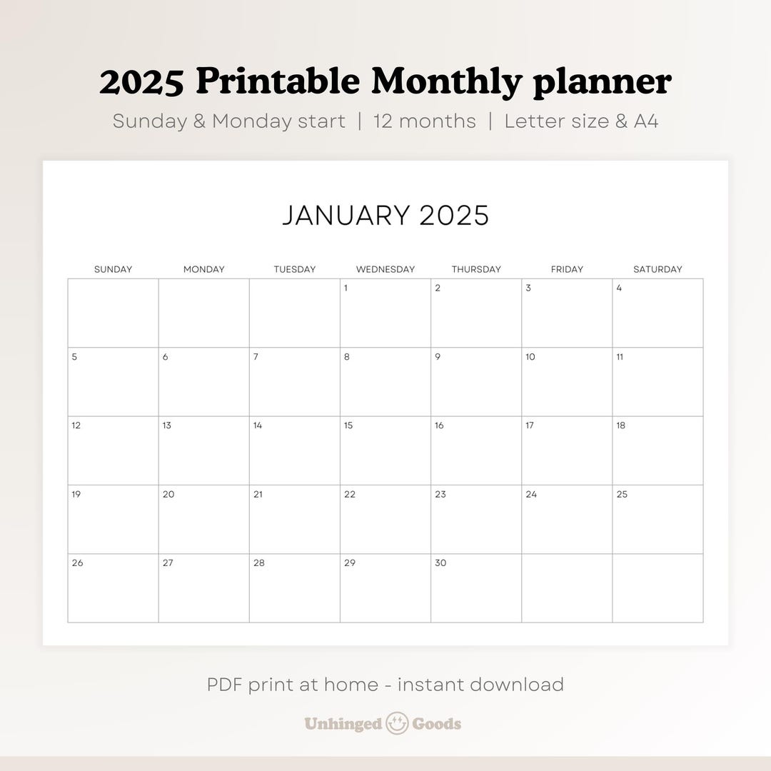 Printable Calendar 2025 | Monthly Planner, A4 & Letter Format ...