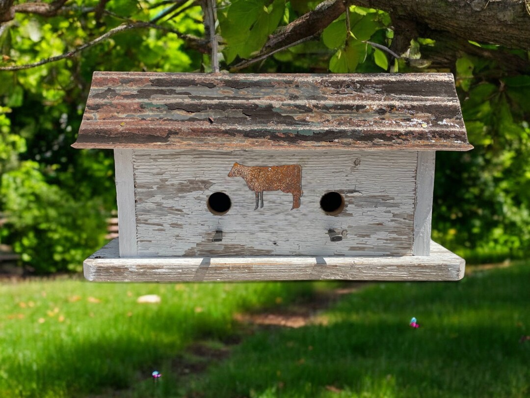 Handmade Rustic Birdhouse With Cow, Bear, Farmhouse Decor, Cow Decor ...