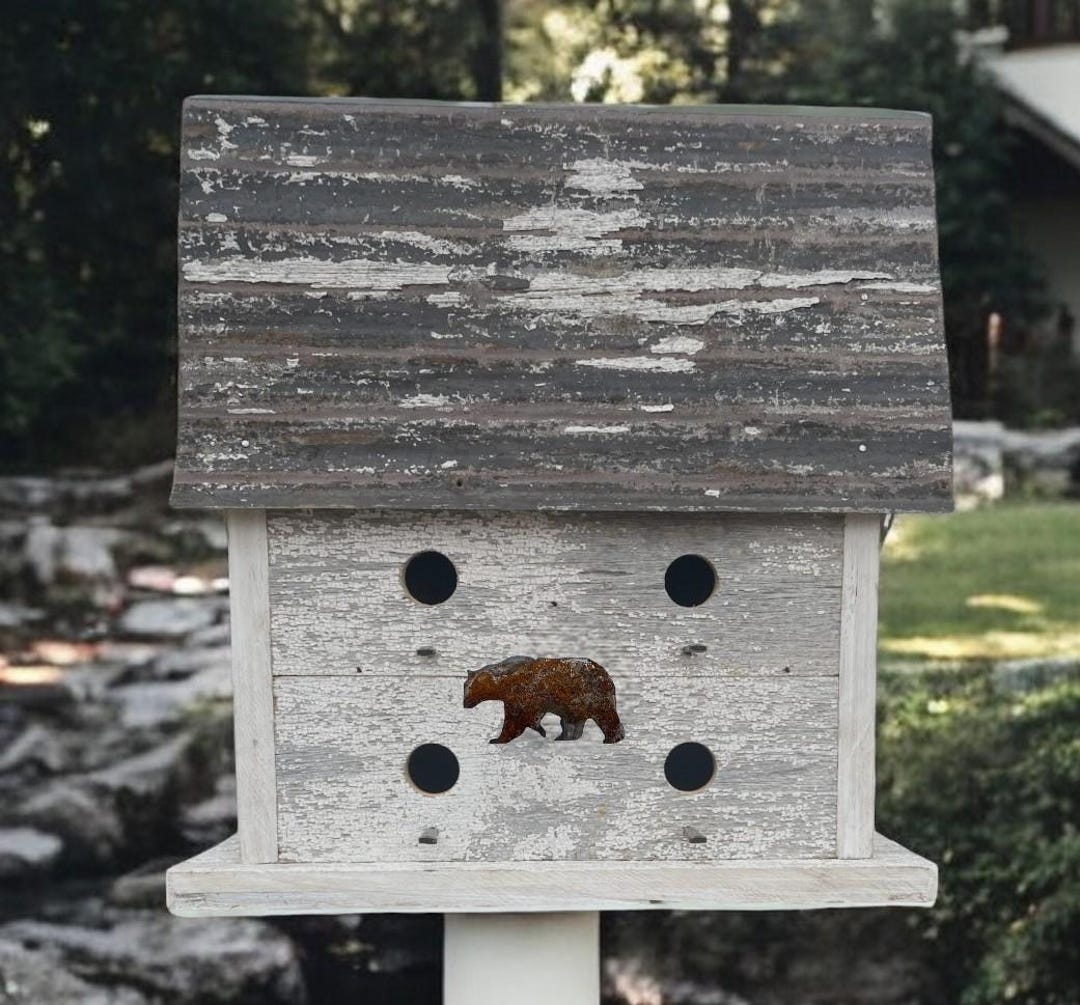 Rustic Wooden Birdhouse With Bear, Hunter Gift, Post Birdhouse ...