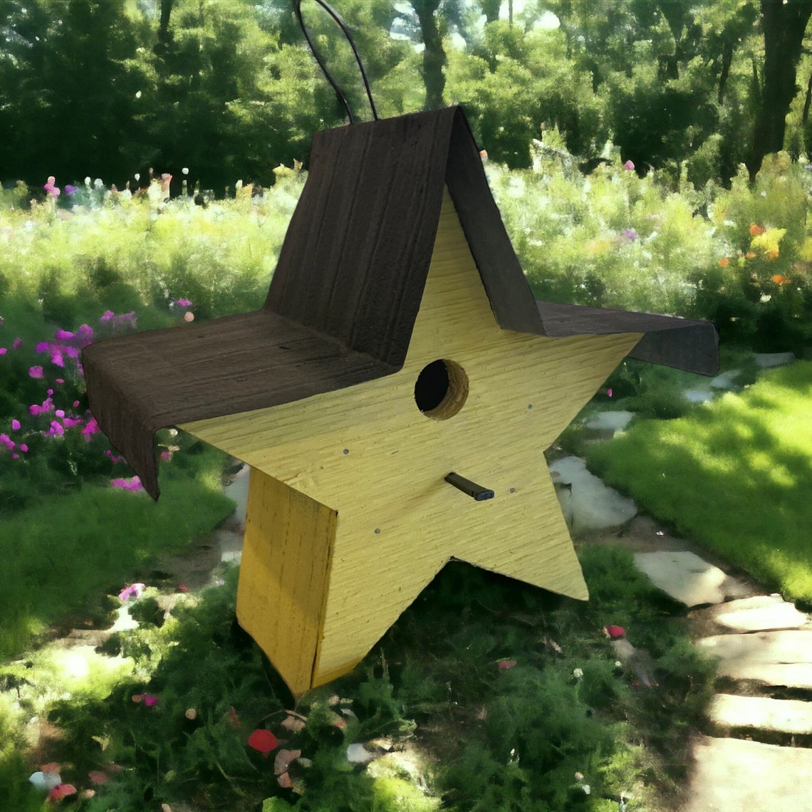 Small Yellow Wooden Birdhouse Handmade by Amish Star Birdhouse Outdoor ...