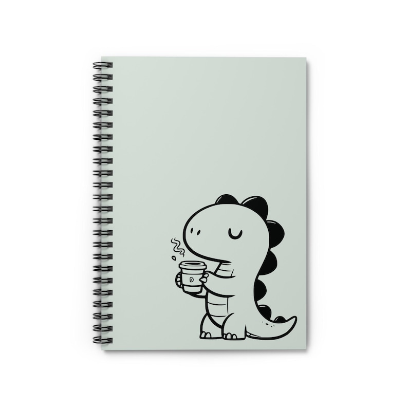 Dino Notebook, Chill Dinosaur Sipping Coffee, Spiral Journal, Neo Mint ...