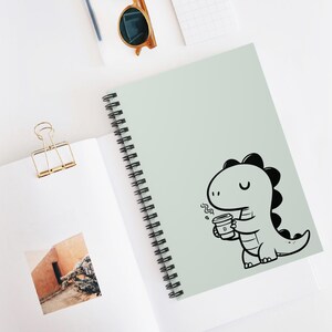 Dino Notebook, Chill Dinosaur Sipping Coffee, Spiral Journal, Neo Mint ...